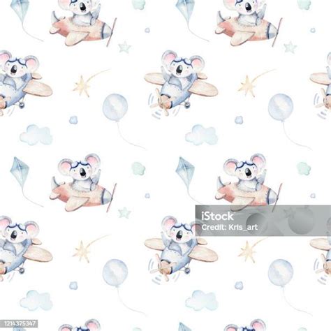 수채화 비행기 아이 원활한 패턴입니다 수채화 장난감 배경 아기 만화 귀여운 파일럿 기린 코알라 곰과 조류 항공 하늘 수송 비행기 구름코끼리 0명에 대한 스톡 벡터 아트 및