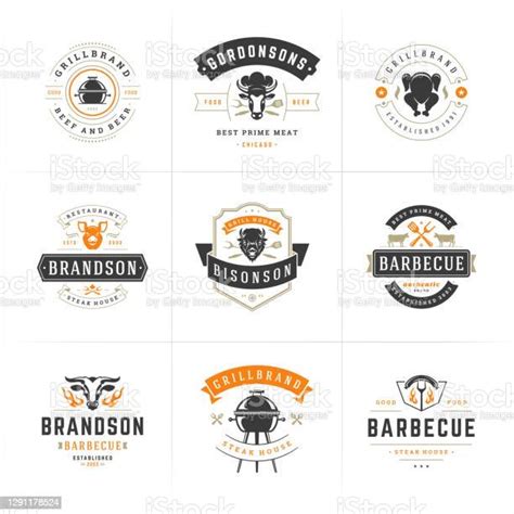 그릴과 바베큐 아이콘 세트 벡터 일러스트 스테이크 하우스 또는 레스토랑 메뉴 배지 와 바베큐 음식 실루엣 들소속에 대한 스톡 벡터 아트 및 기타 이미지 Istock