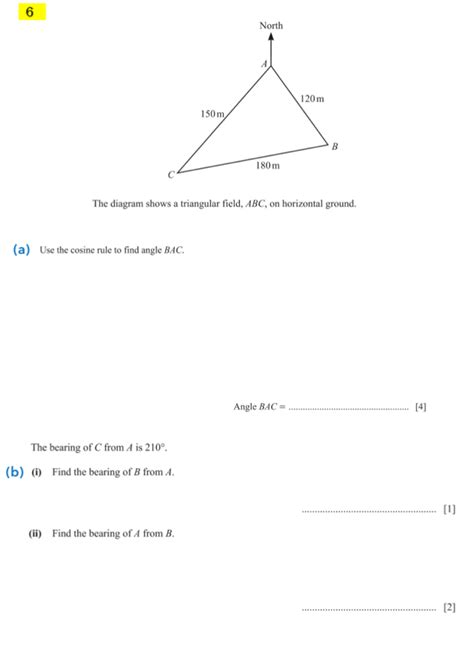 Solved 6 The Diagram Shows A Triangular Field Abc On Horizontal Ground A Use The Cosine Ru