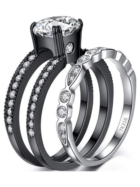 Devuggo Couple Rings Black Mens Titanium Matching Band Women Cz