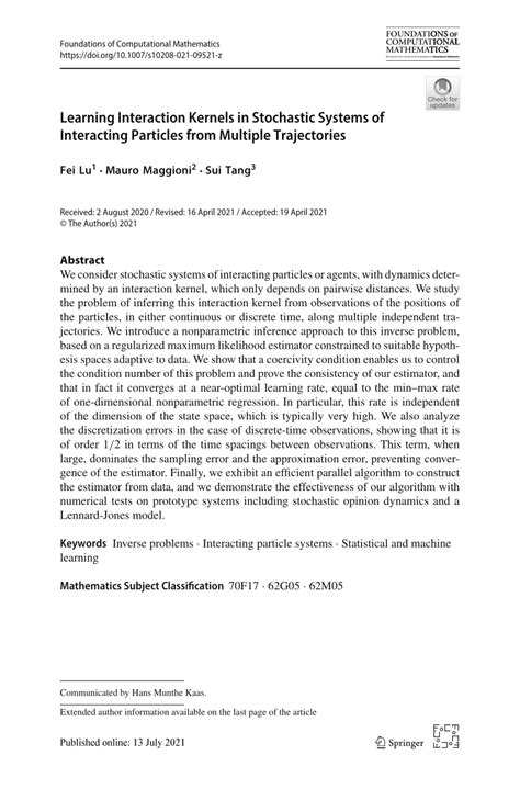 Pdf Learning Interaction Kernels In Stochastic Systems Of Interacting Particles From Multiple