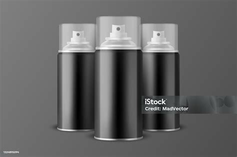세 벡터 3d 현실적인 블랙 알루미늄 빈 스프레이 캔 병 투명 뚜껑 절연 작은 중간 큰 크기 디자인 템플릿 분무기 캔 모의