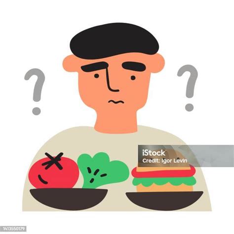 남자는 의심한다 건강한 음식과 건강에 해로운 음식 중에서 선택하십시오 개념에 대한 스톡 벡터 아트 및 기타 이미지 개념 개념과 주제 건강하지 못한 생활방식 Istock