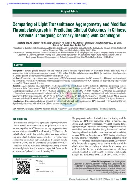 Pdf Comparing Of Light Transmittance Aggregometry And Modified