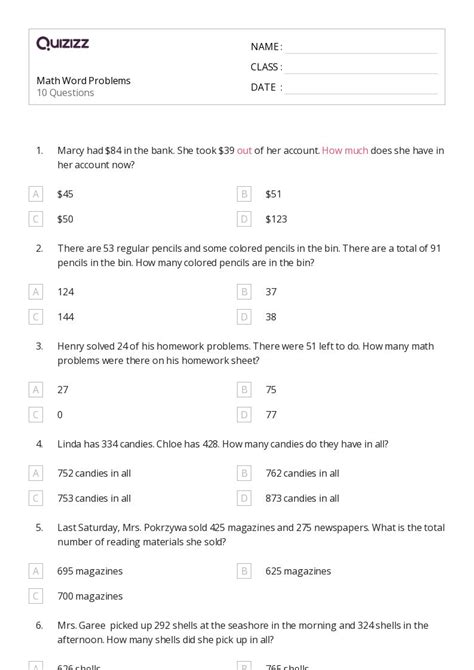 50 math word problems worksheets for 2nd class on quizizz free