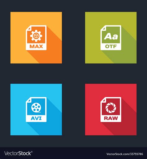 Set Max File Document Otf Avi And Raw Icon Vector Image
