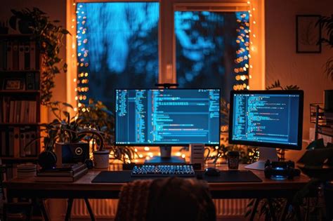 Premium Photo A Programmer S Desk With Two Monitors Displaying Code A Keyboard And A Mouse