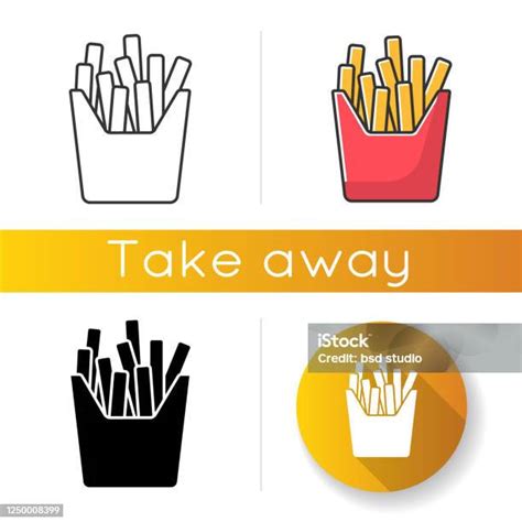 감자 튀김 아이콘 세트 선형 검정 색 및 Rgb 색상 스타일 튀긴 감자 골판지 상자에 짠 스틱 테이크 아웃 패스트 푸드 패키지