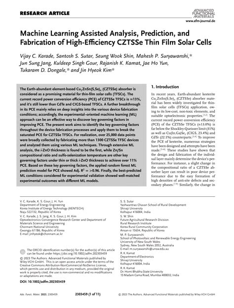 PDF Machine Learning Assisted Analysis Prediction And Fabrication Of HighEfficiency CZTSSe