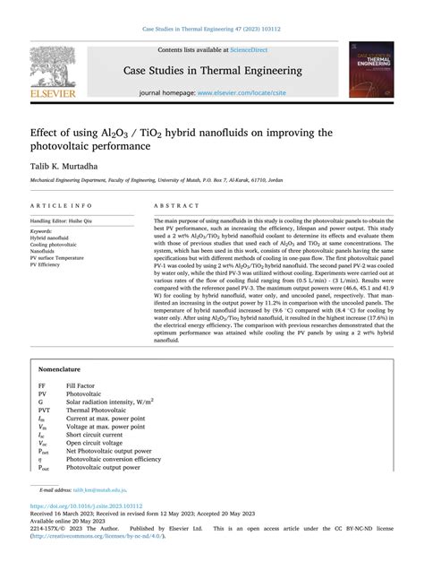 Pdf Effect Of Using Al2o3 Tio2 Hybrid Nanofluids On Improving The Photovoltaic Performance