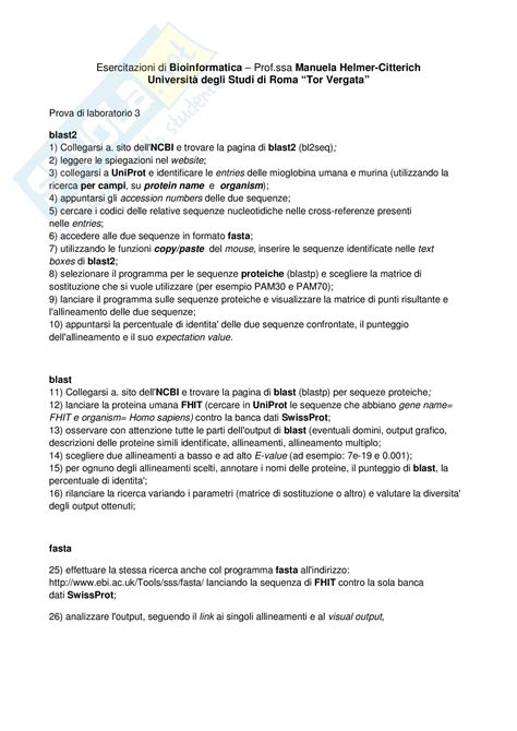 Bioinformatica Blast E Fasta Esercitazioni Di Laboratorio
