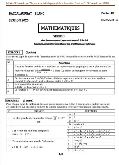 Sujet Et Corrige Bac Blanc 2025 Mathematiques Serie D Regional Drena Adzope Mars 2025