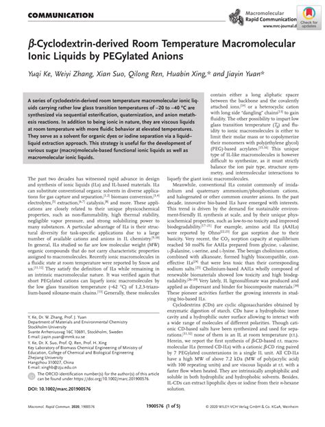 Pdf β‐cyclodextrin‐derived Room Temperature Macromolecular Ionic Liquids By Pegylated Anions