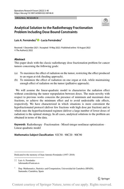 Pdf Analytical Solution To The Radiotherapy Fractionation Problem