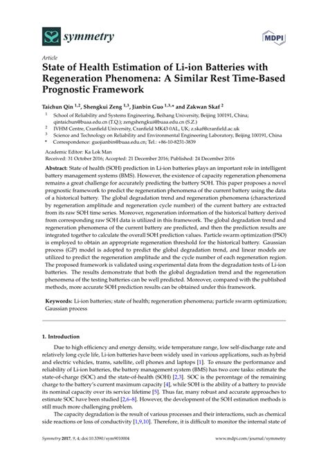Pdf State Of Health Estimation Of Li Ion Batteries With Regeneration Phenomena A Similar Rest