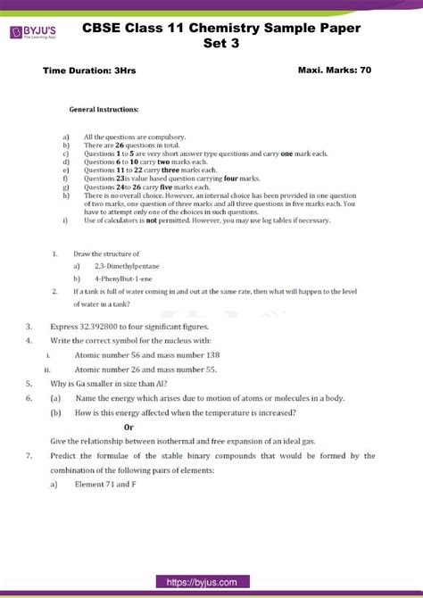Get CBSE Class 11 Chemistry Sample Paper Set 3