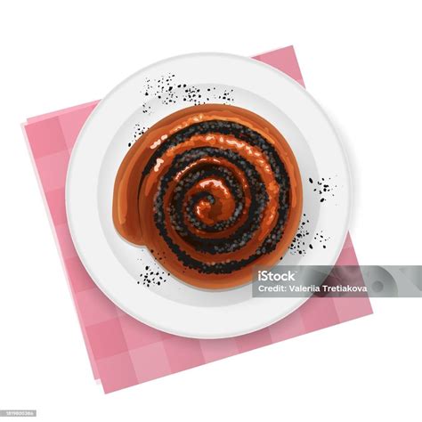 계피 또는 양귀비 씨앗 또는 흰색 배경에 흰색 접시와 분홍색 냅킨에 초콜릿 롤 엽서 인사말 카드 배너 광고 메뉴 기사에 대 한 벡터 일러스트 레이 션 갈색에 대한 스톡 벡터