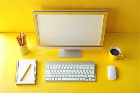 Desktop Mockup Template Computer On Yellow Work Desk With Blank Screen