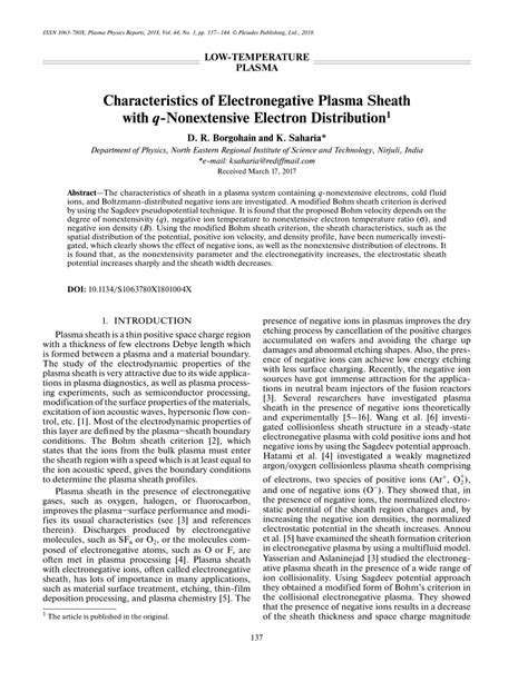 Pdf Characteristics Of Electronegative Plasma Sheath With Q