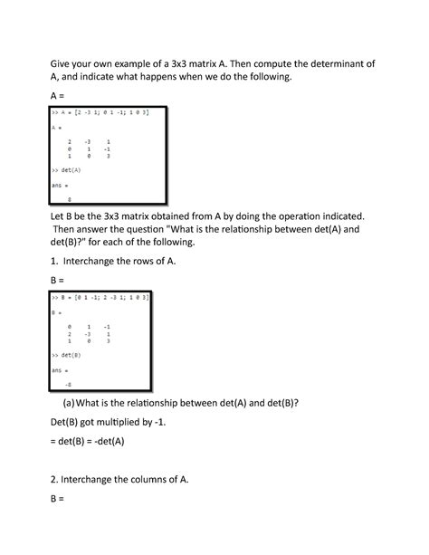 Give Your Own Example Of A X Matrix A Then Compute The Determinant Of A And Indicate What