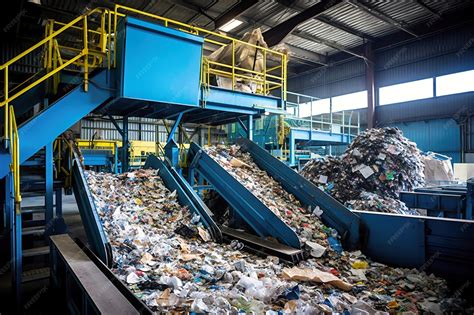 공장 내 쓰레기로 가득 찬 컨베이어 벨트 쓰레기 및 생활 쓰레기 처리 및 분류 공장 폐기물 처리 및 재활용 생태 자원의 2차 이용 프리미엄 사진