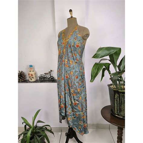 Boho Recycled Silk Magic Summer Maxi Dress Beach Cover Wear Blue Flo The Boho Depot