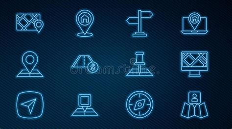 Set Line Folded Map With Location Marker Monitor Road Traffic Sign Toll Road Gps Device And