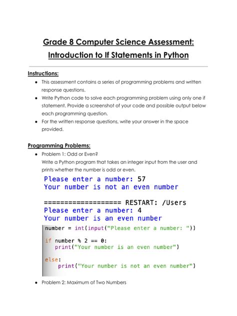 Noah James Gleeson Grade 8 Computer Science Assessment Introduction To If Statements In