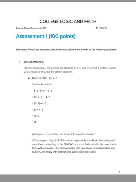 Assessment 1 College Logic And Math Pdf Chemistry
