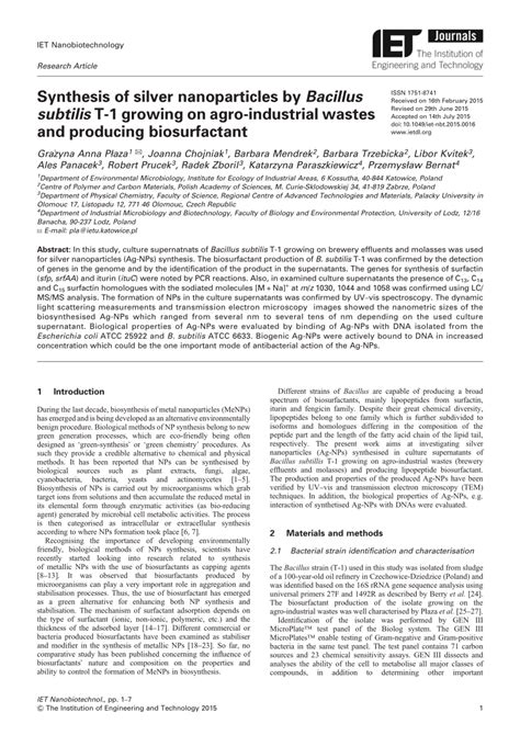 Pdf Synthesis Of Silver Nanoparticles By Bacillus Subtilis T 1