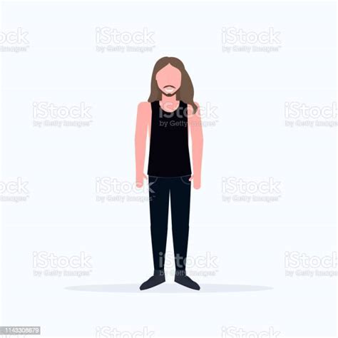 행복 한 긴 머리 남자 서 포즈 웃는 남자 입고 유행 옷 남성 만화 캐릭터 전체 길이 평면 흰색 배경 개념에 대한 스톡 벡터