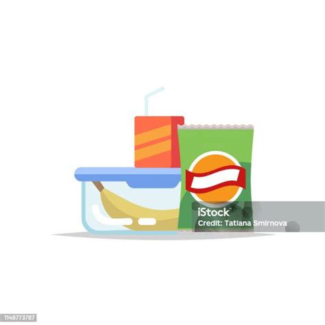 도시락바나나 칩과 주스와 함께 식사 용기 학교 식사 어린이 점심 평면 스타일 흰색 배경에 고립에서 벡터 일러스트 레이 션 0명에 대한 스톡 벡터 아트 및 기타 이미지