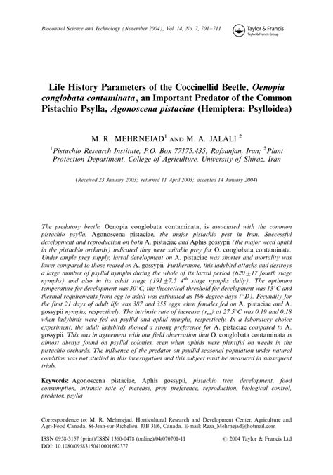 Pdf Life History Parameters Of The Coccinellid Beetle Oenopia