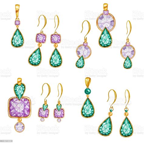 보라색 녹색 사각형 금 요소와 둥근 크리스탈 보석 구슬 수채화 는 흰색 배경에 체인과 귀걸이에 황금 펜던트를 그리기 아름 다운 손으로 그린 보석 세트입니다 0명에 대한 스톡