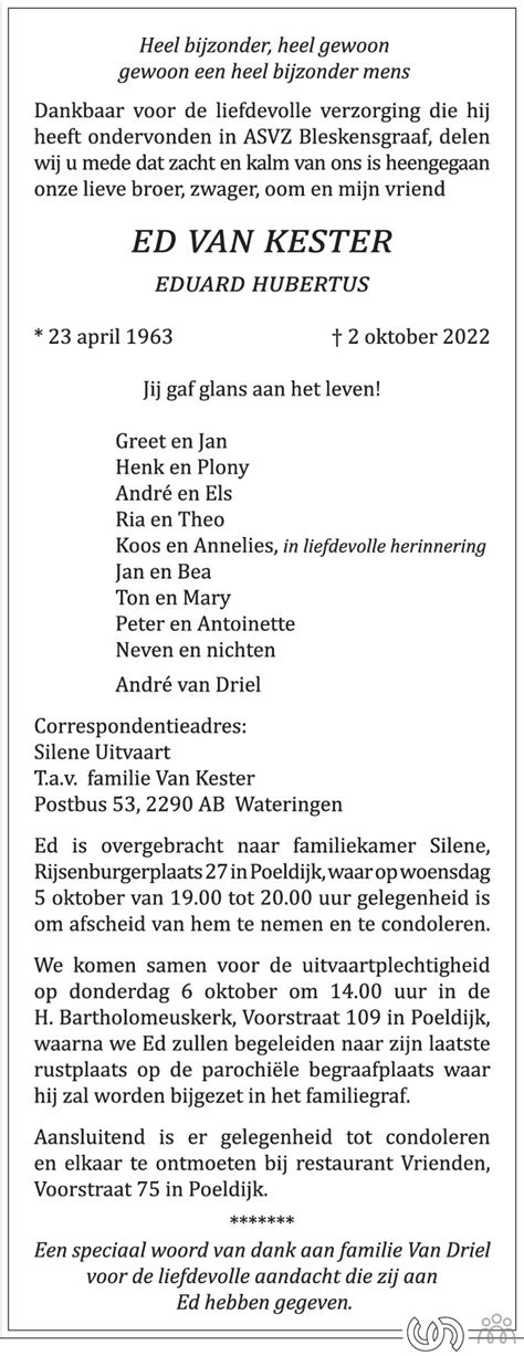 Ed Eduard Hubertus Van Kester 02 10 2022 Overlijdensbericht En