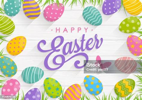 행복 한 부활절 텍스트와 나무 배경에 다채로운 계란 부활절 배경 부활제에 대한 스톡 벡터 아트 및 기타 이미지 부활제 부활절 달걀 벡터 Istock
