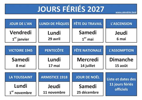 Jours Fériés 2027 En France Dates Et Calendriers 2027 Avec Jours