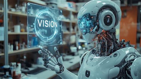 Futuristic Ai Robot Interacting With Holographic Vision Display In Lab Stock Image Image Of