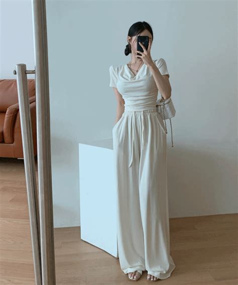 4color국내제작 상의하의세트 드레이프 셔링 탑 레이온 냉장고 크롭 티 와이드 밴딩 주름 플리츠 쭈리 팬츠 세트 트레이닝세트 쭈리세트 에이블리