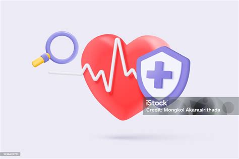 돋보기와 플러스 아이콘이있는 펄스 라인이있는 3d 빨간색 심장 심장 박동 또는 심전도 맥박 측정 심장 보조 의료 응급 처치 및 건강 관리 3d 보조 벡터 아이콘 렌더링