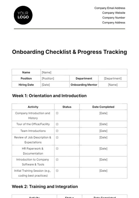 Free Onboarding Checklist And Progress Tracking Hr Template To Edit Online