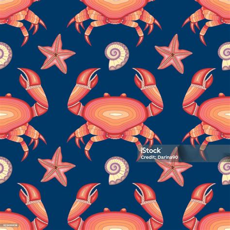 바다 게 불가사리 조개 완벽 한 패턴입니다 벡터 일러스트 레이 션 게에 대한 스톡 벡터 아트 및 기타 이미지 게 껍데기 디자인 Istock