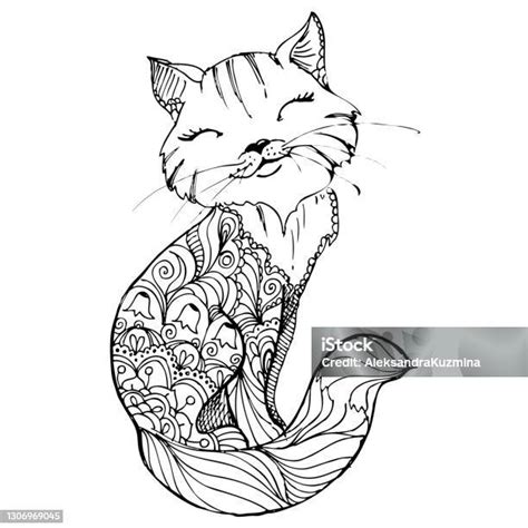 흰색 배경에 손으로 그린 잉크 낙서 고양이 색칠 페이지 Zendala 디자인 포어 성인 포스터 인쇄 티셔츠 초대 배너 전단지