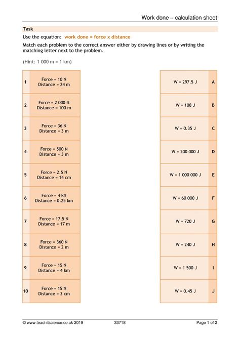 Work Done Matching Ks3 Physics Teachit