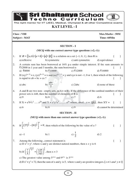 8th Kat Maths Level I Model Qp Pdf Mathematical Logic Mathematical Concepts