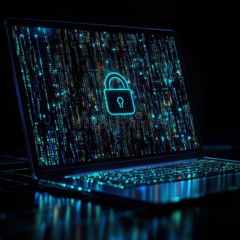 Sleek Futuristic Laptop Showcasing Cybersecurity Lock Screen Symbolizing Encryption And Data