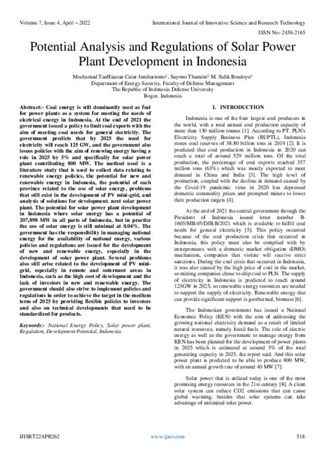 Pdf Potential Analysis And Regulations Of Solar Power Plant Development In Indonesia