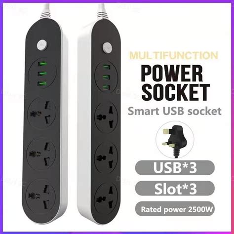 Uk Extension Plug 2500w Multi Plug Power Strip 3 Universal Sockets 3 Usbs Output 3 1a 2m With