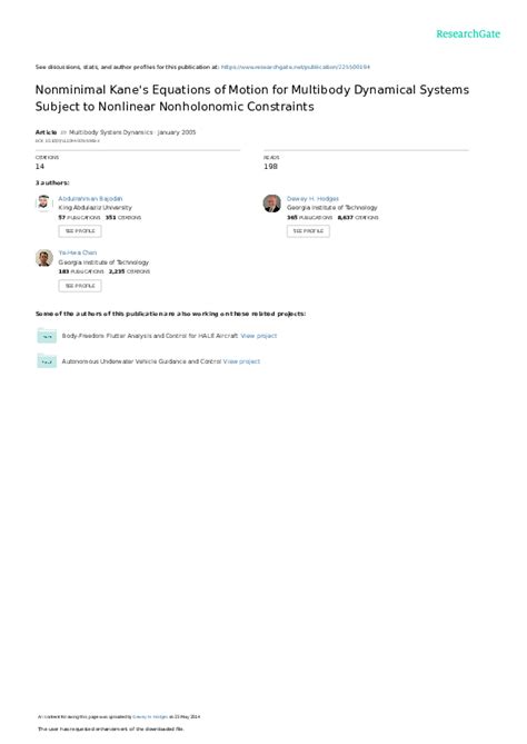 Pdf Nonminimal Kanes Equations Of Motion For Multibody Dynamical Systems Subject To Nonlinear