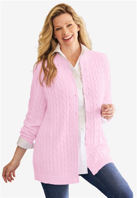 Cable Knit Cardigan Sweater Pure Cotton Black Woman Within